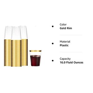 Munfix 100 Gold Plastic Cups 16 Oz Clear Plastic Cups Tumblers Gold Rimmed Cups Fancy Disposable Wedding Cups Elegant Party Cups with Gold Rim