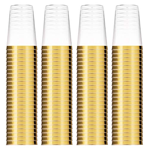 Munfix 100 Gold Plastic Cups 16 Oz Clear Plastic Cups Tumblers Gold Rimmed Cups Fancy Disposable Wedding Cups Elegant Party Cups with Gold Rim