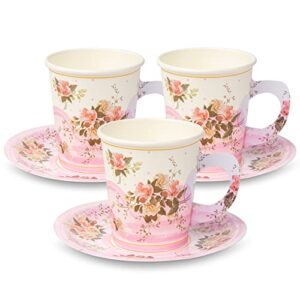 royal bluebonnet paper tea cup set, 24 disposable teacups with handles & saucers, floral design for hot & cold drinks, tea party decorations, tableware