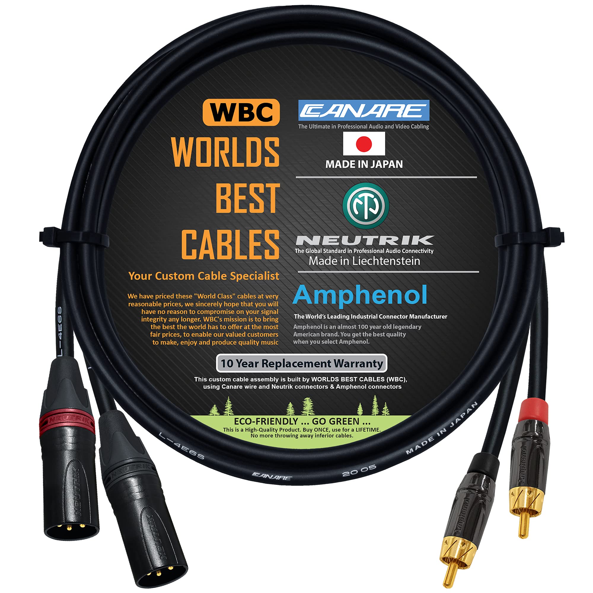 WORLDS BEST CABLES 3 Foot - RCA to XLR (Male) Cable Pair - Canare L-4E6S Star-Quad Audio Interconnect Cable & Amphenol ACPL RCA & Neutrik Male XLR Gold Plugs - CUSTOM MADE