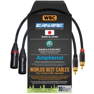 worlds best cables 1 foot - rca to xlr (male) cable pair - canare l-4e6s star-quad audio interconnect cable & amphenol acpl rca & neutrik male xlr gold plugs - custom made