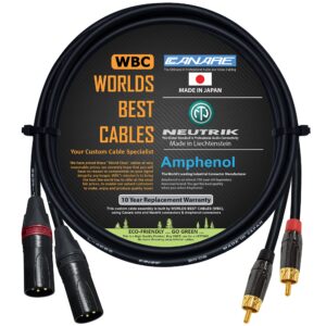 worlds best cables 2 foot - rca to xlr (male) cable pair - canare l-4e6s star-quad audio interconnect cable & amphenol acpl rca & neutrik male xlr gold plugs - custom made