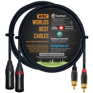 worlds best cables 6 foot - rca to xlr (male) cable pair – gotham gac-4/1 (black) star-quad audio interconnect cable & amphenol acpl rca & neutrik male xlr gold plugs - custom made