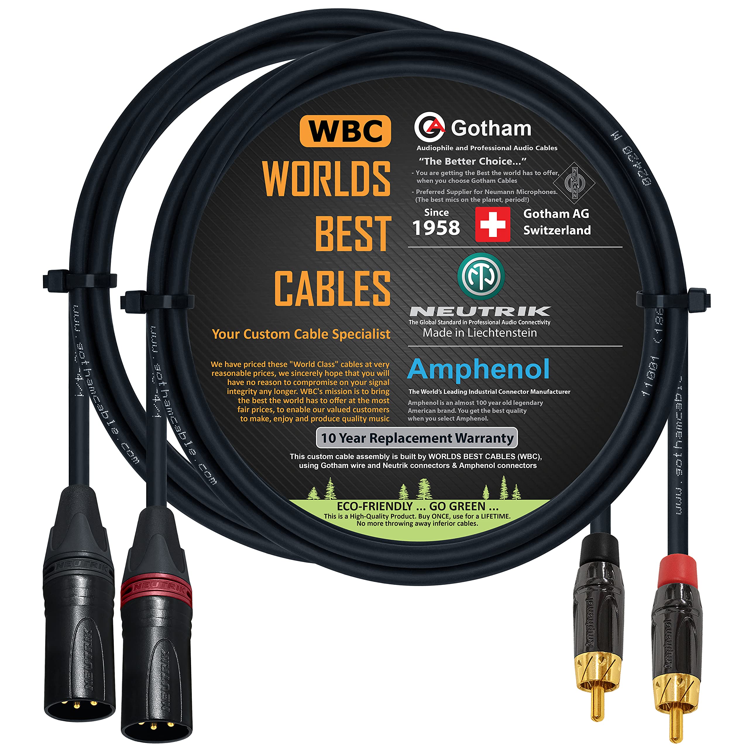 WORLDS BEST CABLES 2 Foot - RCA to XLR (Male) Cable Pair – Gotham GAC-4/1 (Black) Star-Quad Audio Interconnect Cable & Amphenol ACPL RCA & Neutrik Male XLR Gold Plugs - CUSTOM MADE