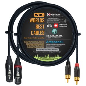 worlds best cables 2 foot - rca to xlr (female) cable pair – gotham gac-4/1 (black) star-quad audio interconnect cable & amphenol acpl rca & neutrik female xlr gold plugs - custom made