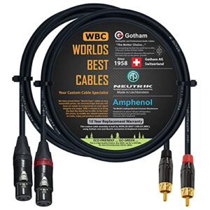 worlds best cables 6 foot - rca to xlr (female) cable pair – gotham gac-4/1 (black) star-quad audio interconnect cable & amphenol acpl rca & neutrik female xlr gold plugs - custom made