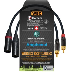 worlds best cables 0.5 foot - rca to xlr (male) cable pair – gotham gac-4/1 (black) star-quad audio interconnect cable & amphenol acpl rca & neutrik male xlr gold plugs - custom made