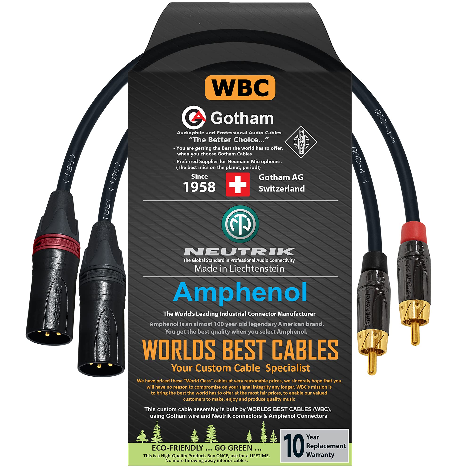 WORLDS BEST CABLES 0.5 Foot - RCA to XLR (Male) Cable Pair – Gotham GAC-4/1 (Black) Star-Quad Audio Interconnect Cable & Amphenol ACPL RCA & Neutrik Male XLR Gold Plugs - CUSTOM MADE