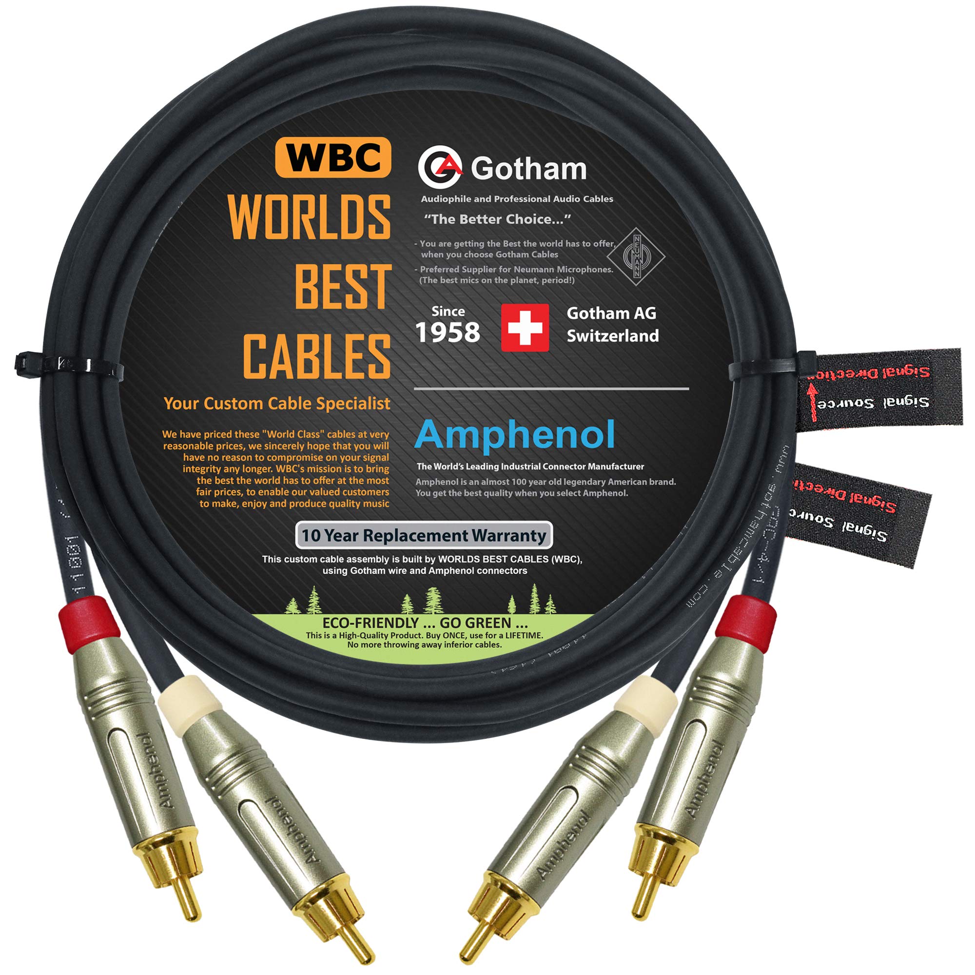 10 Foot RCA Cable Pair - Gotham GAC-4/1 (Black) Star-Quad Audio Interconnect Cable with Amphenol ACPR Die-Cast, Gold Plated RCA Connectors - Directional