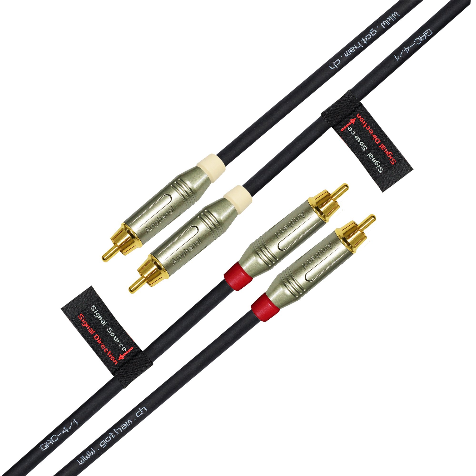 10 Foot RCA Cable Pair - Gotham GAC-4/1 (Black) Star-Quad Audio Interconnect Cable with Amphenol ACPR Die-Cast, Gold Plated RCA Connectors - Directional