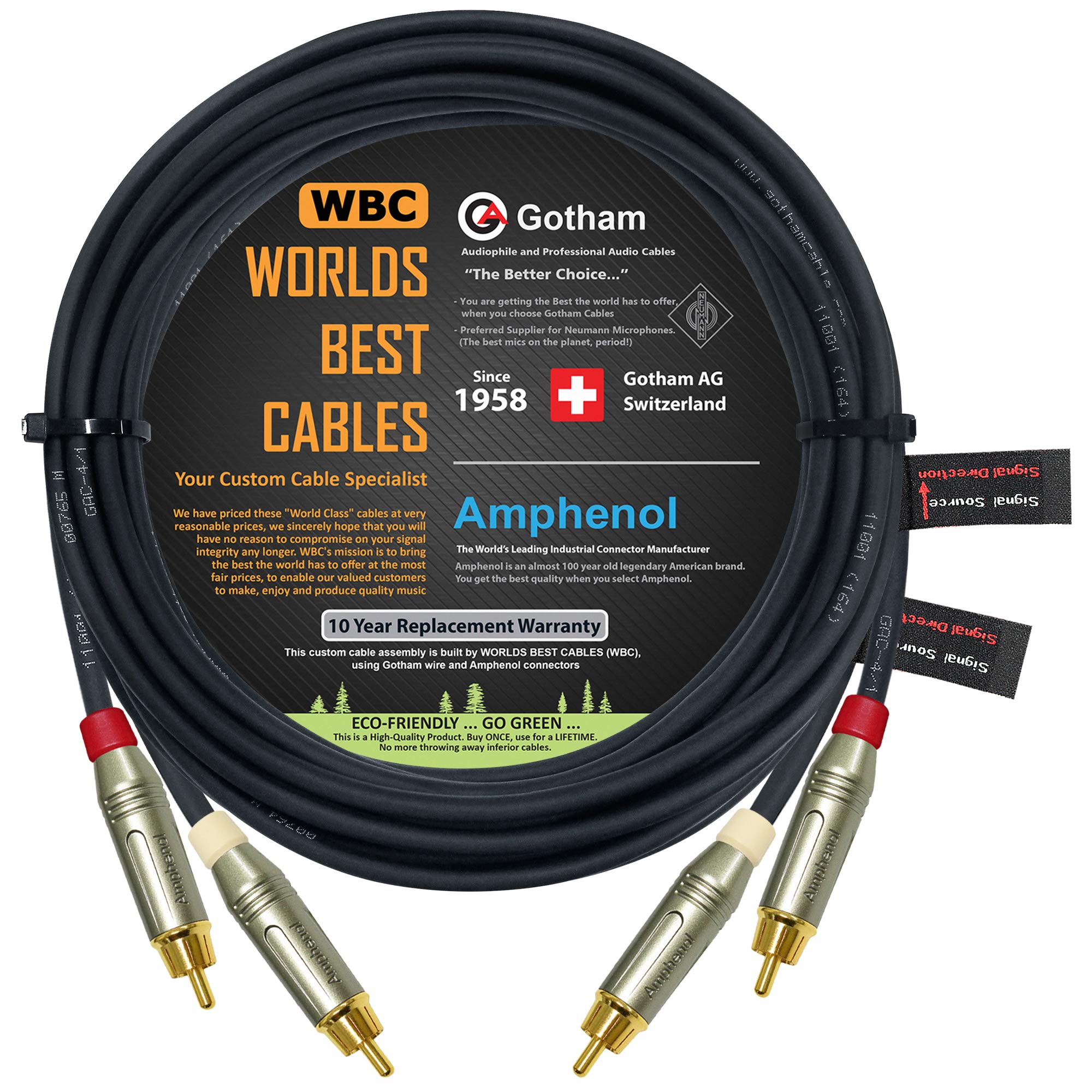 40 Foot RCA Cable Pair - Gotham GAC-4/1 (Black) Star-Quad Audio Interconnect Cable with Amphenol ACPR Die-Cast, Gold Plated RCA Connectors - Directional