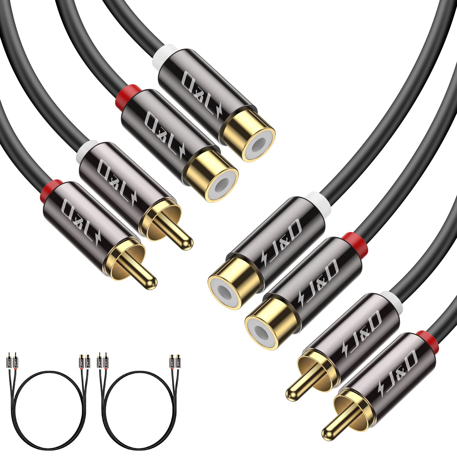 J&D 2 RCA to 2 RCA Cable, 2-Pack Gold Plated Copper Shell Heavy Duty 2RCA Male to 2RCA Female Stereo Audio Extension Cable, RCA Cable, 6 Feet