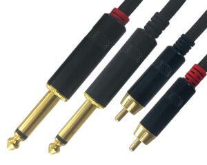 voyz dual 1/4" ts mono to 2 rca audio cable - 6ft | pvc shelled, nylon braided | gold plated plugs | ideal for mixers, amplifiers, microphones, speakers, camera