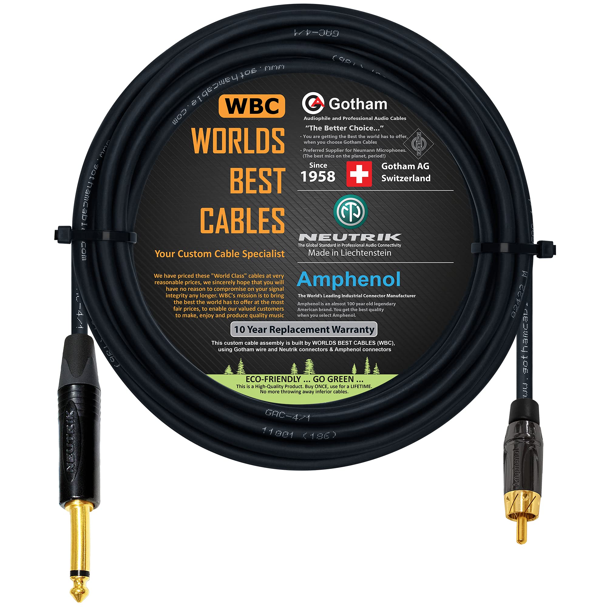 WORLDS BEST CABLES 40 Foot – TS to RCA Cable – Gotham GAC-4/1 (Black) Star-Quad Audio Interconnect Cable & Neutrik NP2X-B & Amphenol ACPL-CBK Gold Plugs - CUSTOM MADE