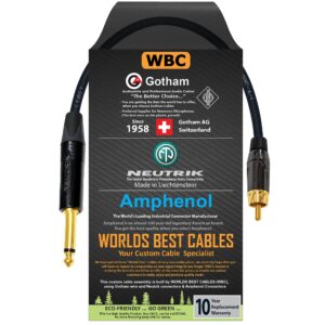 worlds best cables 0.5 foot – ts to rca cable – gotham gac-4/1 (black) star-quad audio interconnect cable & neutrik np2x-b & amphenol acpl-cbk gold plugs - custom made