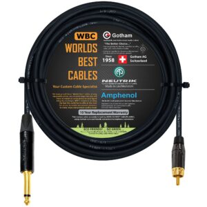 worlds best cables 50 foot – ts to rca cable – gotham gac-4/1 (black) star-quad audio interconnect cable & neutrik np2x-b & amphenol acpl-cbk gold plugs - custom made