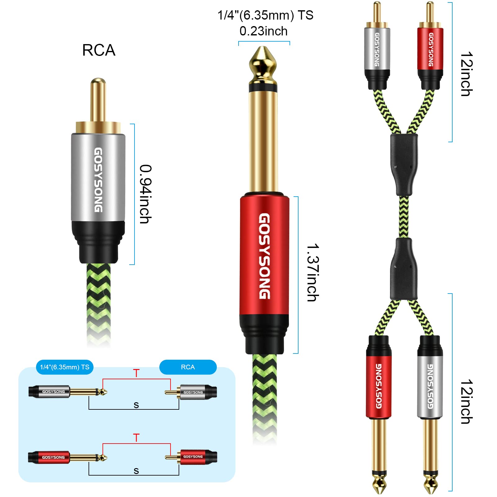 GOSYSONG RCA to 1/4 Cable 15ft, Dual RCA to Dual 1/4 inch TS RCA Cables, 1/4 to RCA Cable