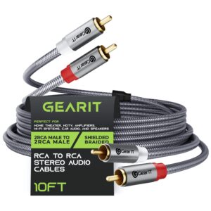 gearit rca cable (10ft) 2rca male to 2rca male stereo audio cables shielded braided rca stereo cable for home theater, hdtv, amplifiers, hi-fi systems, car audio, speakers, 10 feet