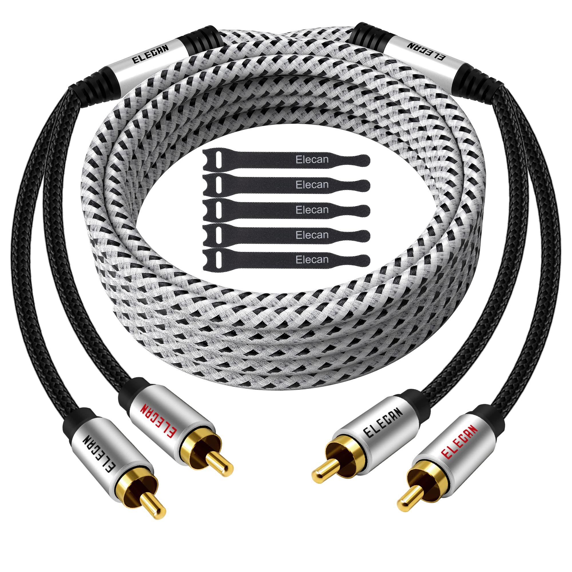 Elecan Premium RCA Cable 6 Ft (Hi-Fi Sound-16 AWG-Shielded) 2 RCA Male to 2 RCA Male Stereo Audio Cable, Gold Plated-Aluminum Alloy Shell-Pure Copper-Braided RCA Cord for Home Theater Speakers + Ties