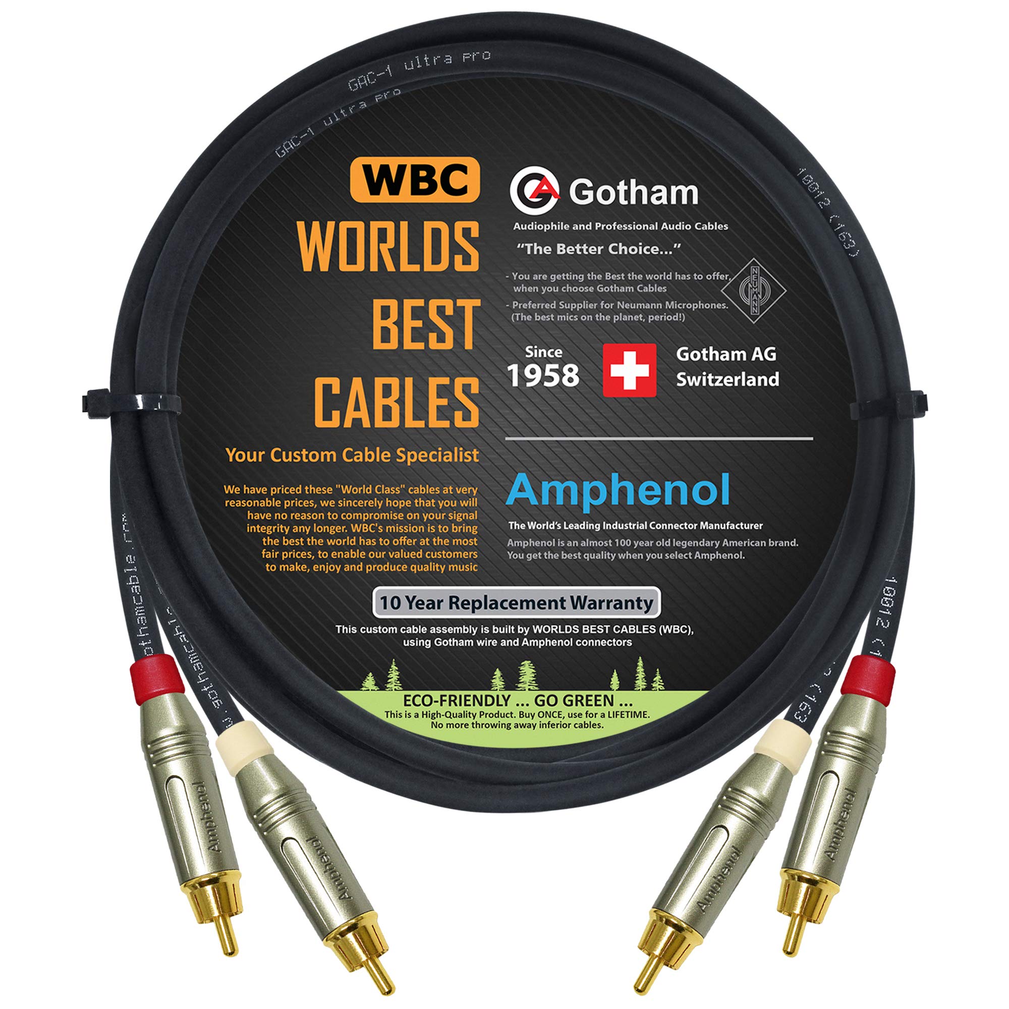 4 Foot RCA Cable Pair - Gotham GAC-1 Ultra Pro - Low-Cap (21pF/ft) Audio Interconnect Cable with Amphenol ACPR Die-Cast, Gold Plated RCA Connectors