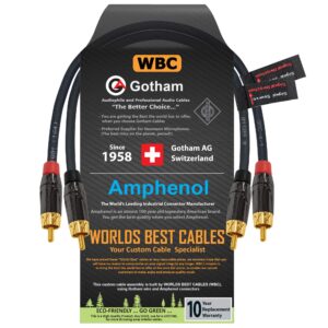 0.5 foot rca cable pair - gotham gac-4/1 (black) star-quad audio interconnect cable with amphenol acpl black chrome body, gold plated rca connectors - directional