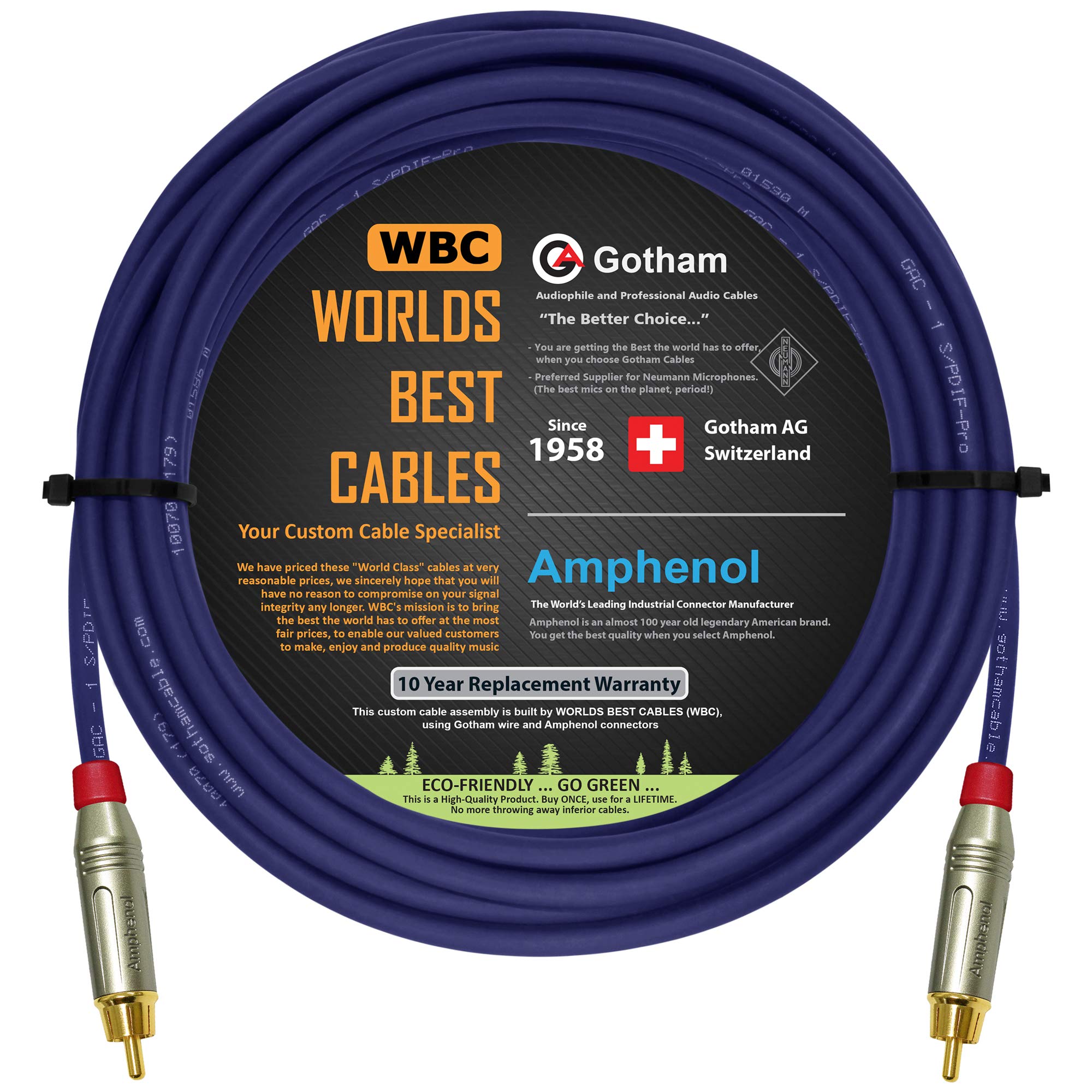 WORLDS BEST CABLES 40 Foot SPDIF Cable – Gotham GAC-1 S/PDIF-Pro (Ultrablue) High-End Silver Plated LCOFC Digital Audio Interconnect Cable & Amphenol ACPR-SRD Gold RCA Plugs - CUSTOM MADE