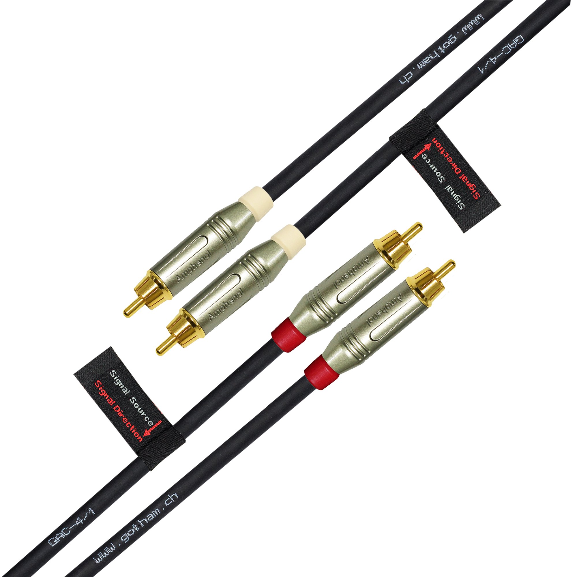 20 Foot RCA Cable Pair - Gotham GAC-4/1 (Black) Star-Quad Audio Interconnect Cable with Amphenol ACPR Die-Cast, Gold Plated RCA Connectors - Directional