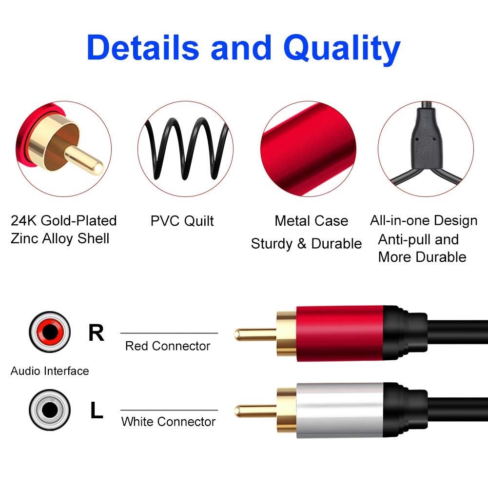 Yeung Qee 2RCA Male to 2RCA Male Stereo Audio Cable 6 ft,Dual Shielded Gold-Plated RCA Stereo Cable,Suitable for Home Theater, Amplifier, HDTV, Game Console, Hi-Fi System. (6ft/1.8m)