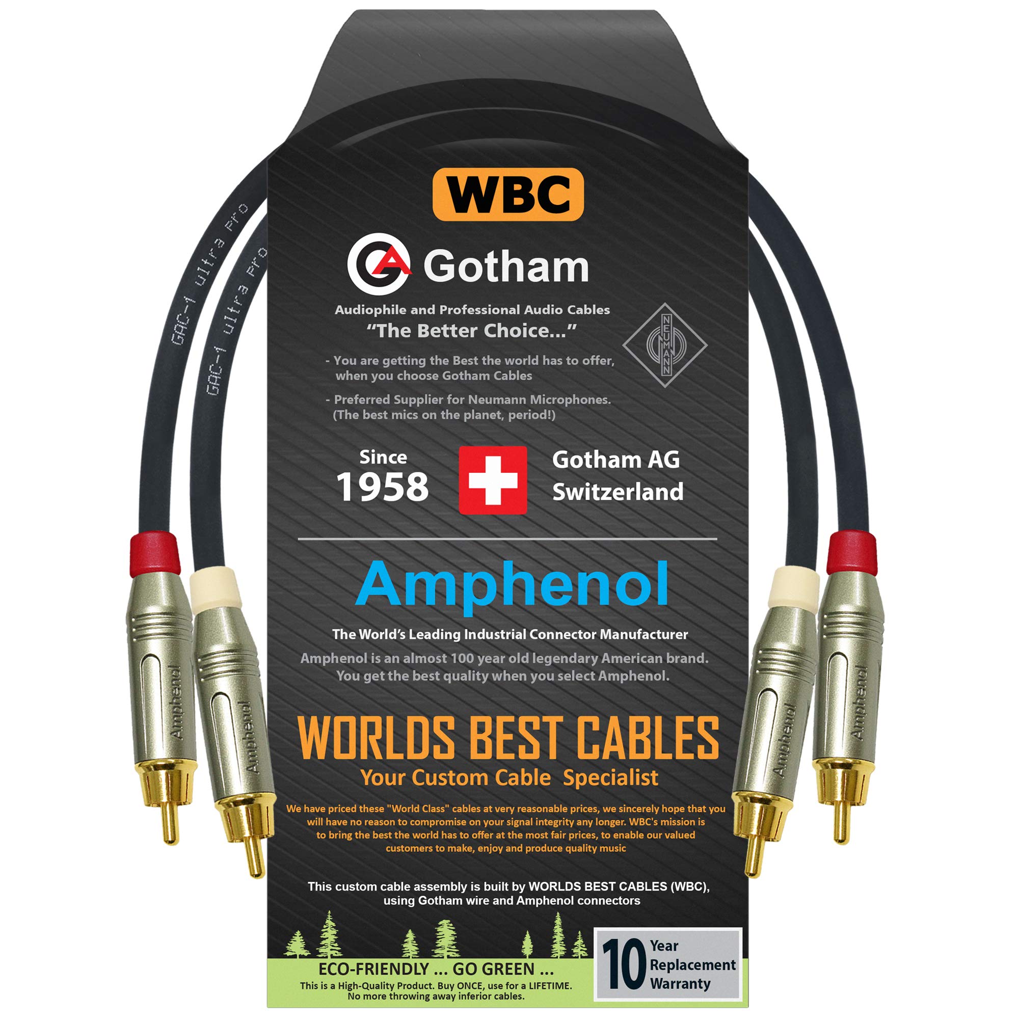 1 Foot RCA Cable Pair - Gotham GAC-1 Ultra Pro - Low-Cap (21pF/ft) Audio Interconnect Cable with Amphenol ACPR Die-Cast, Gold Plated RCA Connectors