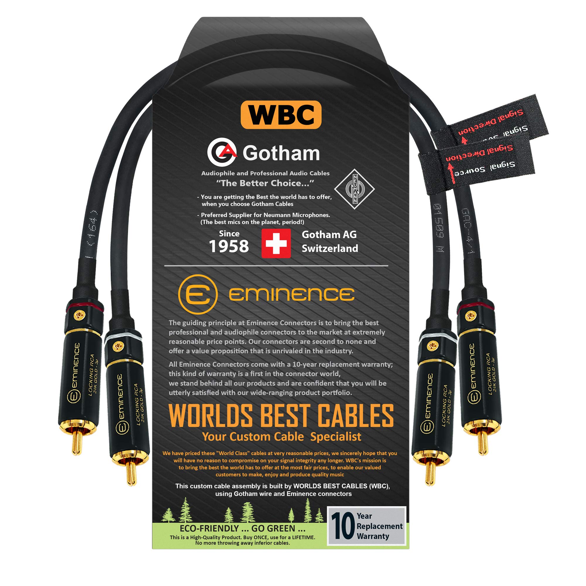 WORLDS BEST CABLES 1 Foot RCA Cable Pair - Gotham GAC-4/1 (Black) Star-Quad, Audio Interconnect Cable with Premium Gold plated Locking RCA Connectors - Directional - CUSTOM MADE