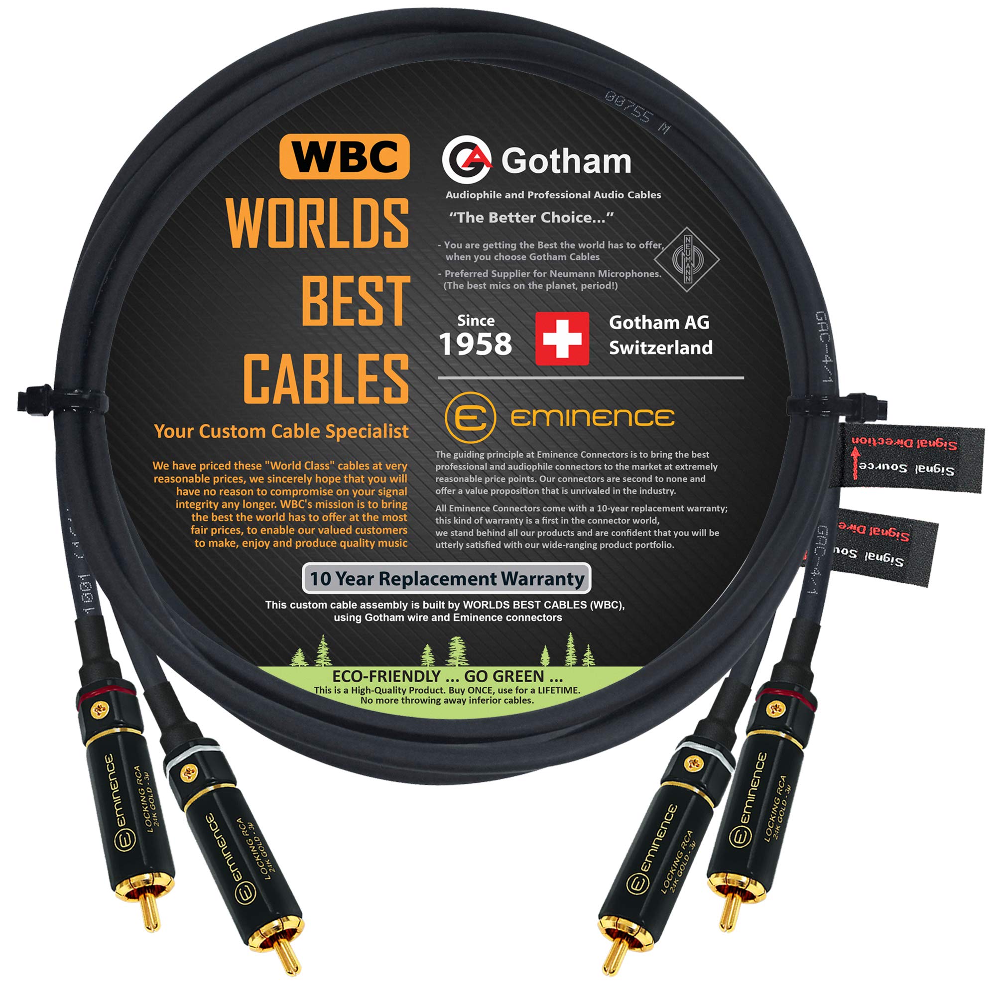 WORLDS BEST CABLES 3.5 Foot RCA Cable Pair - Gotham GAC-4/1 (Black) Star-Quad, Audio Interconnect Cable with Premium Gold plated Locking RCA Connectors - Directional - CUSTOM MADE