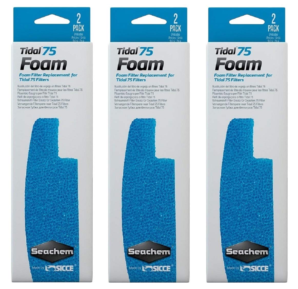 Seachem 3 Pack of Tidal 75 Foam Filter Replacements, 2 Filters Each