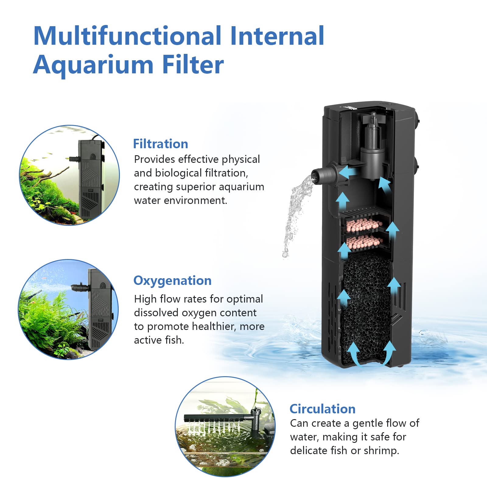 hygger Aquarium Internal Filter, Adjustable Submersible Power Filter with Multiple Function, Ultra Quiet Biochemical Sponge Filter for 2 to 30 Gallons Fish Tank (160GPH, for 15-30 Gallon)