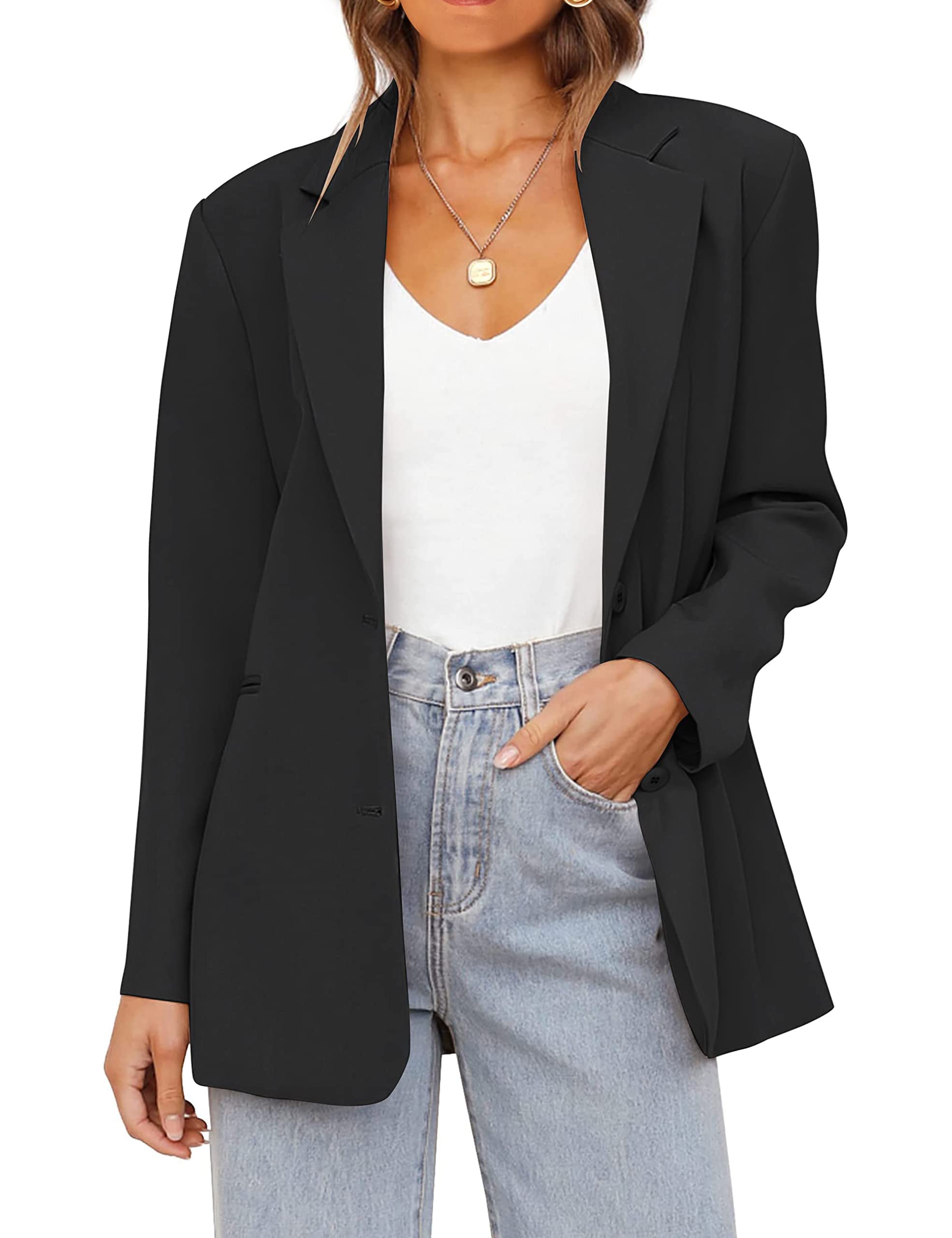 MEROKEETY Women's 2024 Fall Casual Blazers Long Sleeve Lapel Open Front Button Work Blazer Jackets with Pockets, Black, XL