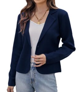 women causal lightweight sweater blazers cropped dressy cardigan jacket notch collar knit blazer navy blue m