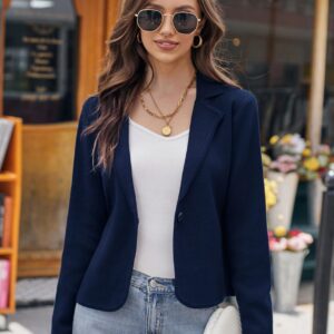 Women Causal Lightweight Sweater Blazers Cropped Dressy Cardigan Jacket Notch Collar Knit Blazer Navy Blue M