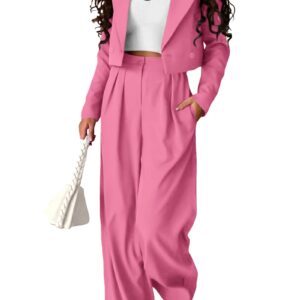 PRETTYGARDEN Women's 2 Piece Casual Outfits Cropped Blazer Jackets High Waisted Wide Leg Work Pants Suit Set (Pink,Medium)