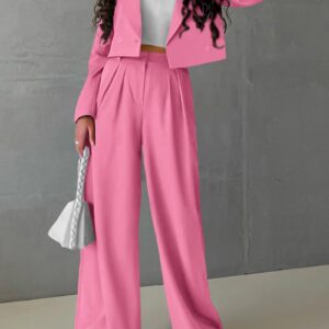 PRETTYGARDEN Women's 2 Piece Casual Outfits Cropped Blazer Jackets High Waisted Wide Leg Work Pants Suit Set (Pink,Medium)