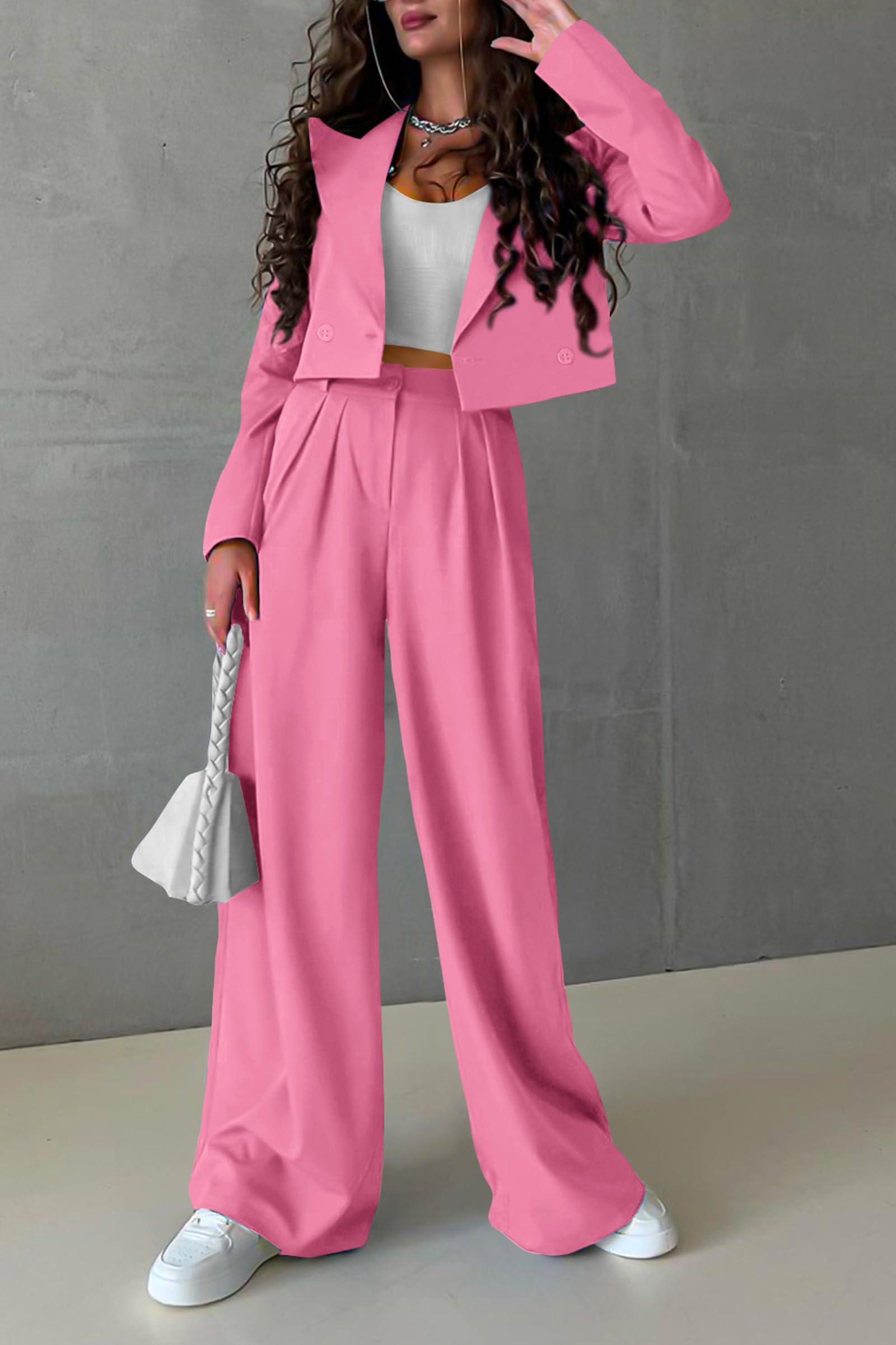 PRETTYGARDEN Women's 2 Piece Casual Outfits Cropped Blazer Jackets High Waisted Wide Leg Work Pants Suit Set (Pink,Medium)