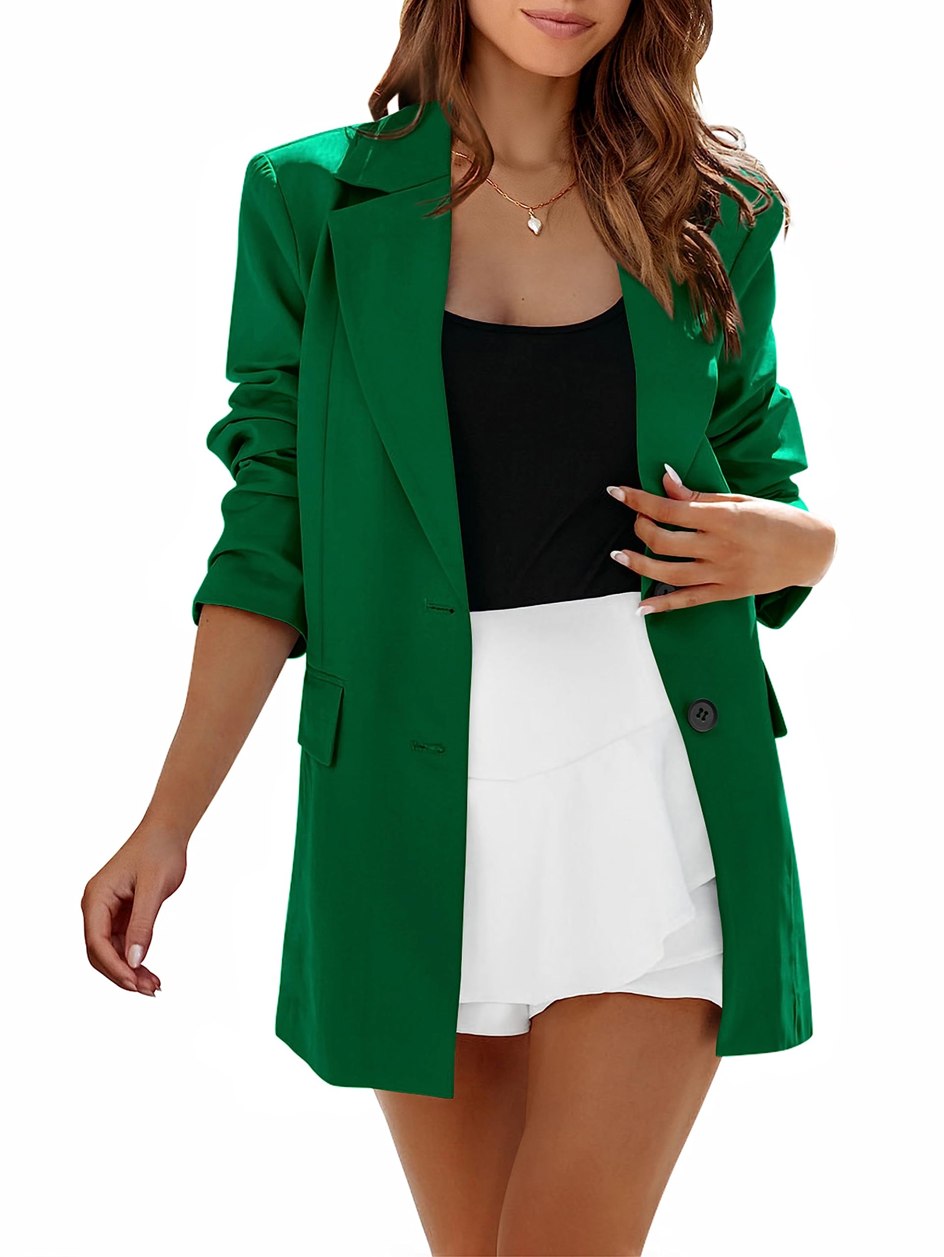 MASCOMODA Casual Blazer Jackets for Women 2024 Fall Long Sleeve Open Front Button Work Office Suit Jacket with Pockets(Green,Large)