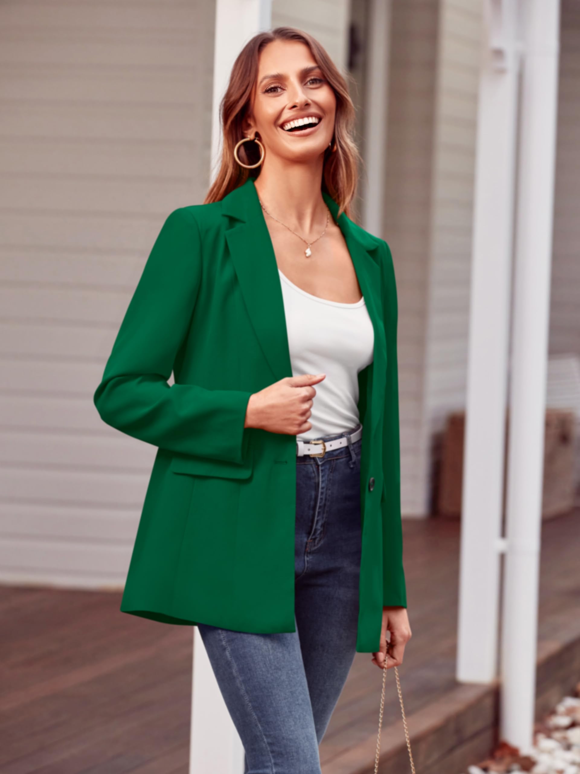 MASCOMODA Casual Blazer Jackets for Women 2024 Fall Long Sleeve Open Front Button Work Office Suit Jacket with Pockets(Green,Large)