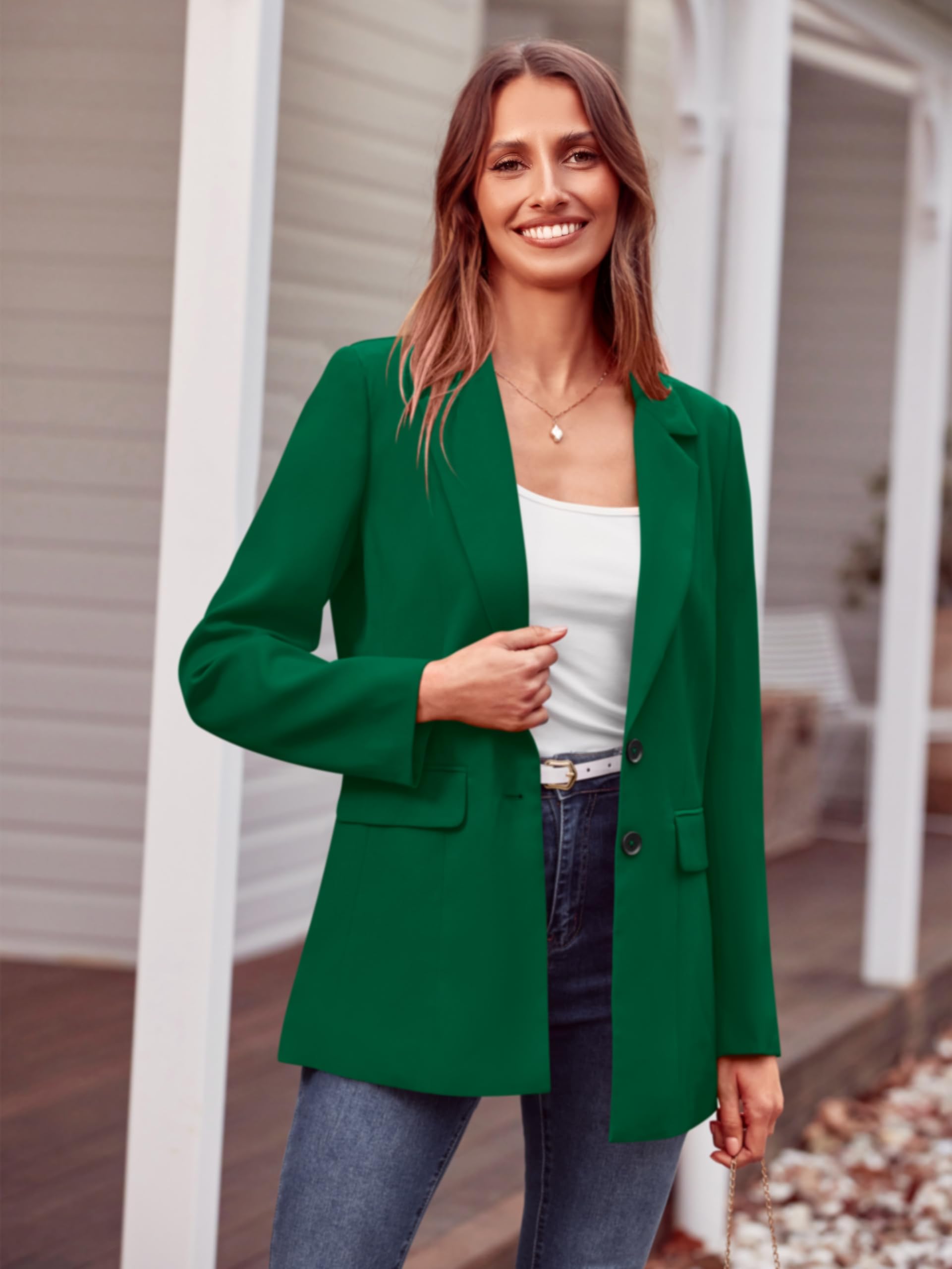 MASCOMODA Casual Blazer Jackets for Women 2024 Fall Long Sleeve Open Front Button Work Office Suit Jacket with Pockets(Green,Large)