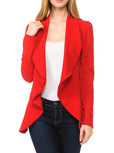 SSOULM Women's Long Sleeve Classic Draped Open Front Lightweight Blazer RED S