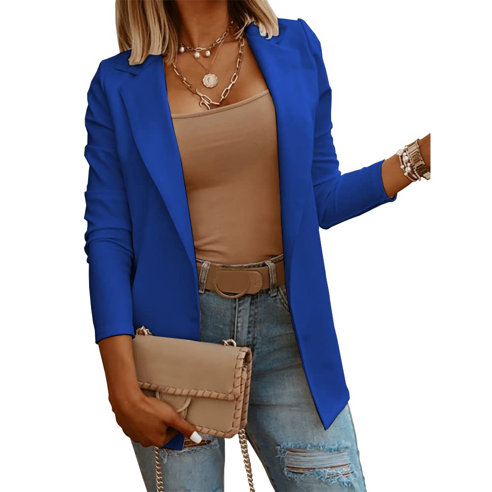 Womens Casual Long Sleeve Blazers Solid Color Knit Blazer Work Office Open Front Blazer Jacket Navy Blue