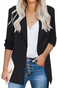 hotouch womens casual blazers 3/4 stretchy ruched sleeve one button work office blazer open front jacket s-xxxl black