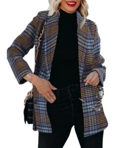 taodou women's casual blazers woolen plaid blazer lapel long sleeve button pocket jackets coat blue