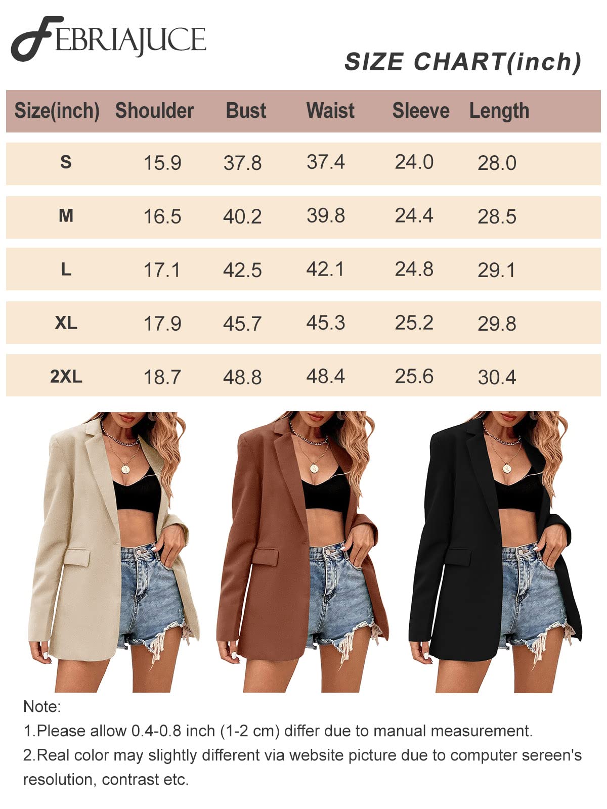 Febriajuce Women's Casual Long Sleeve Lapel Oversized Button Work Office Blazer Suit Jacket