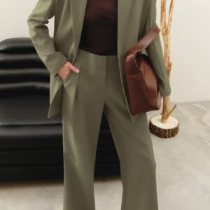 PRETTYGARDEN Women's 2024 Fall Two Piece Outfits Blazer Jacket and Wide Leg Pants Pockets Business Casual Suit Sets (Army Green,Large)