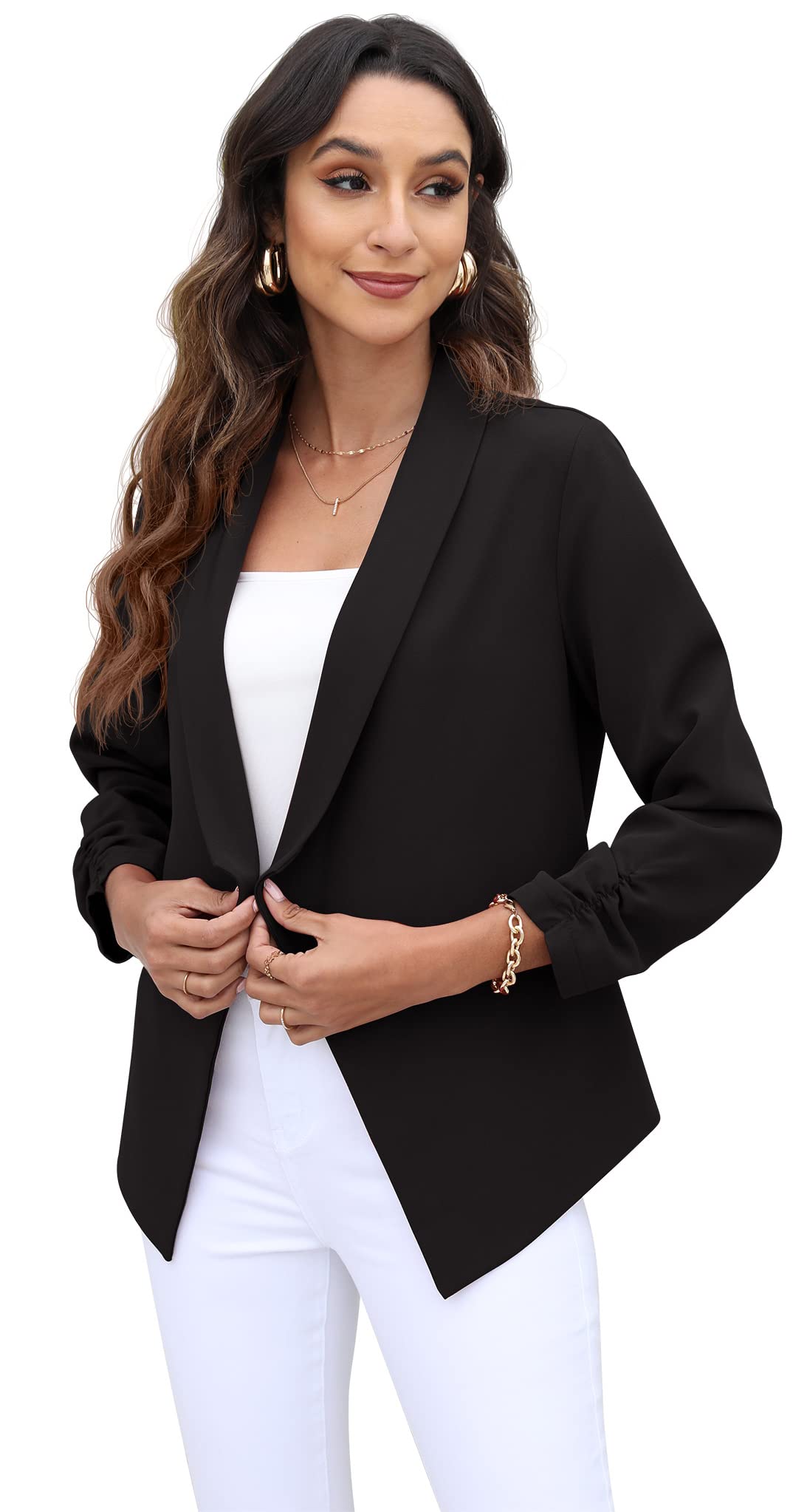 GRECERELLE Women's Blazer Suit Open Front Cardigan 3/4 Sleeve Fitted Jacket Casual Office Cropped Blazer Black-16