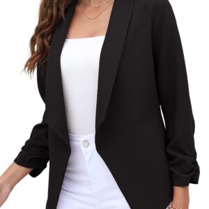 GRECERELLE Women's Blazer Suit Open Front Cardigan 3/4 Sleeve Fitted Jacket Casual Office Cropped Blazer Black-16